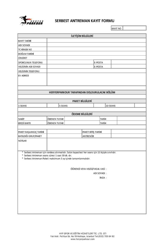 Serbest Antreman Kayıt Formu – HerYerParkour